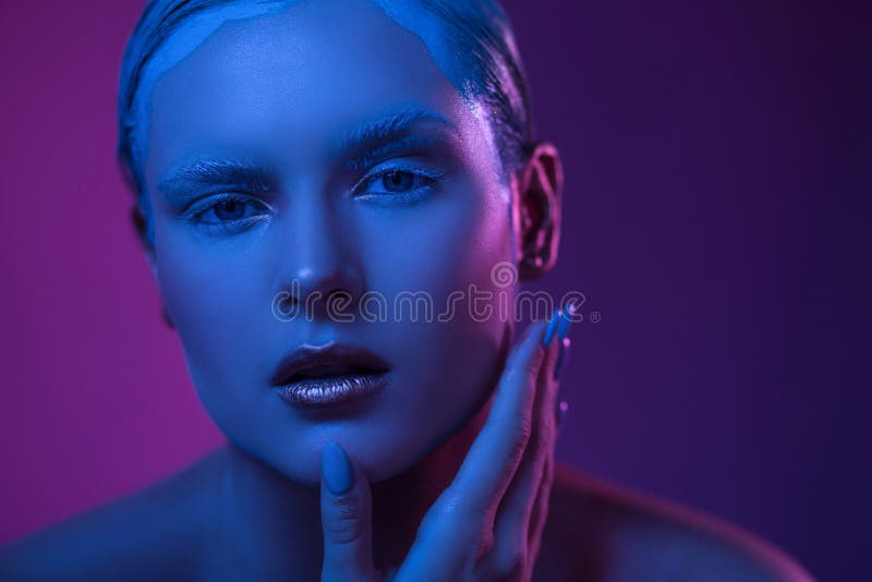 Beautiful Face in Purple Lights. Neon Lighting Concept Stock Image ...