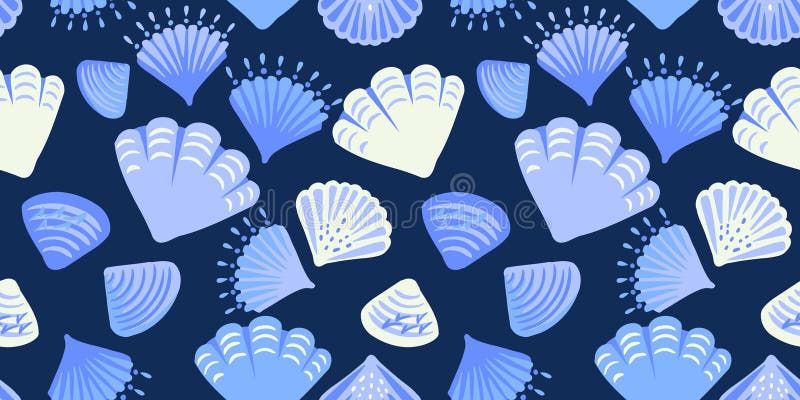 Blue Creative Shapes Sea Shells Seamless Pattern on a Dark Background ...