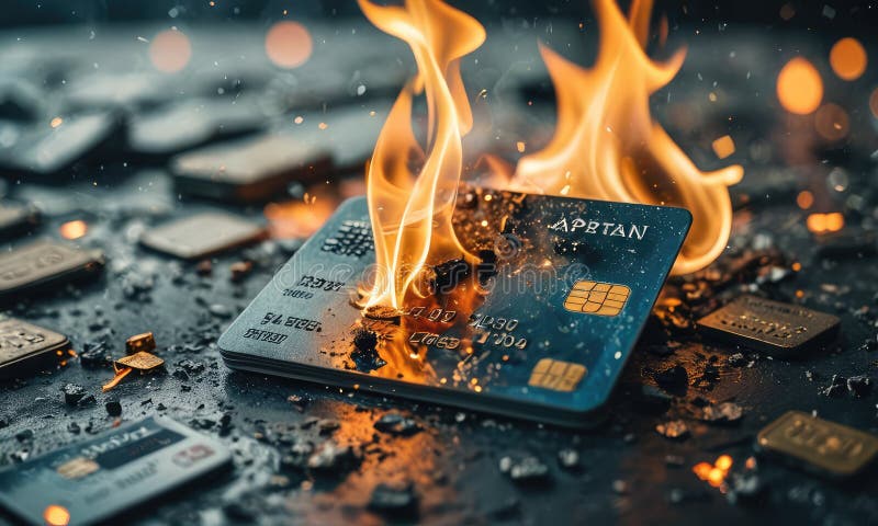 A Blue Credit Card is on Fire, and the Flames are Visible. Stock ...