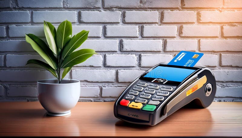 A Blue Credit Card is Inserted into a Payment Terminal on a Wooden ...