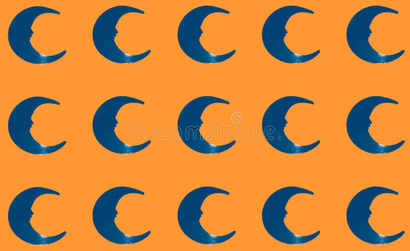 Blue Crescent Moon Copied on Orange Background, Creative Pattern ...