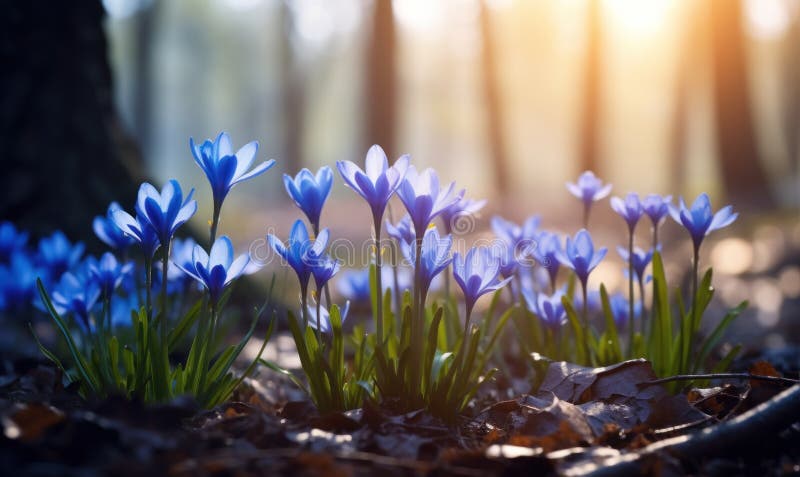 Blue Crocus Flowers in the Forest. Early Spring Stock Image - Image of ...