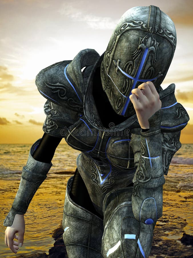 Female Warrior Knight Kneeling Proudly Wearing Decorative Ornamental ...