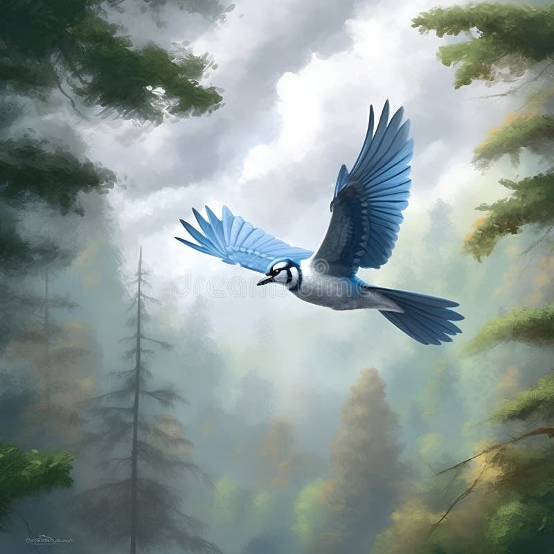 Blue Crow Flying in the Forest. Digital Painting. Vector Illustration ...