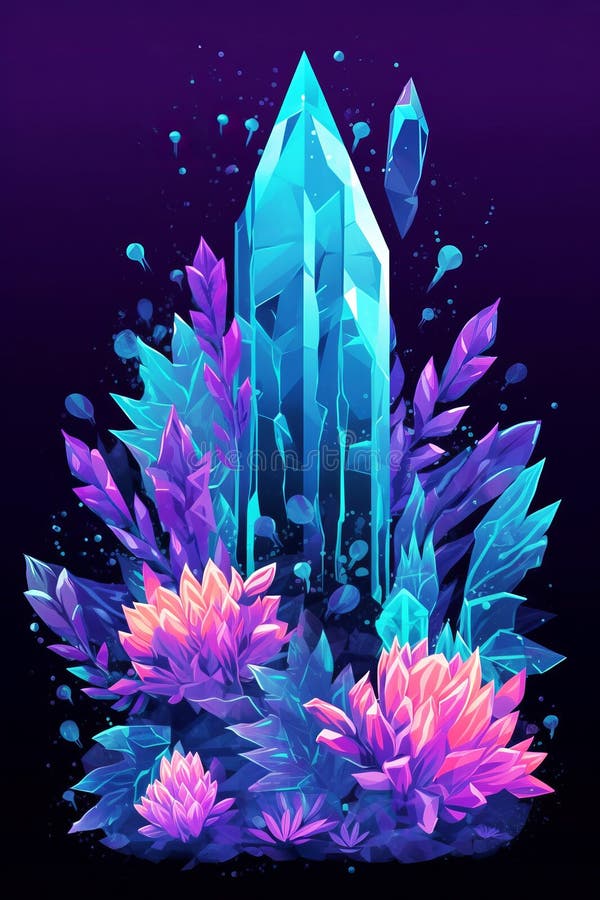 Blue Crystal and Flowers in Neon Light Stock Illustration ...