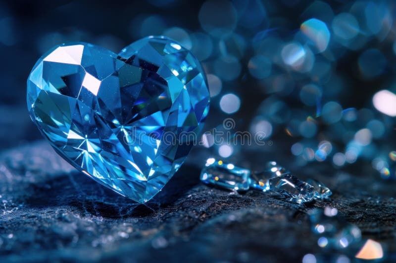 Blue Crystal Heart Shining on Rough Surface with Bokeh Lights Stock ...