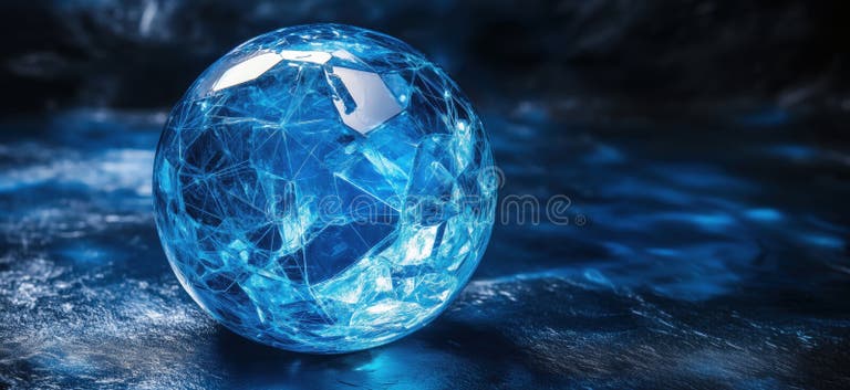 Blue Crystal Sphere with Intricate Patterns Reflecting Light on Dark ...