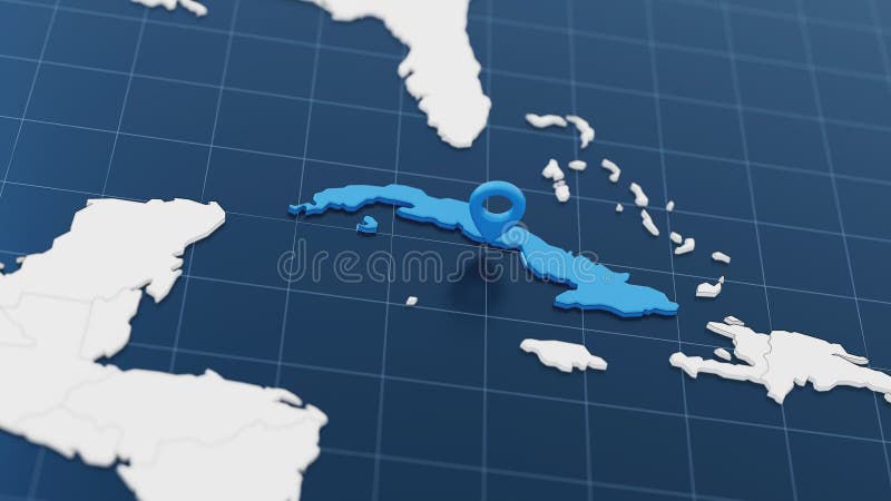 Blue Cuba 3d Map with Pointer Pin Surrounded with Other Countries in ...