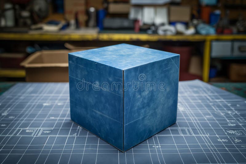 Blue Cube on Architectural Blueprint Stock Image - Image of design ...