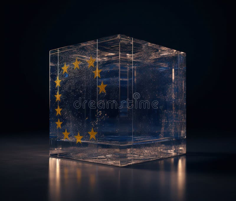 Blue Cube with the Emblem of the European Union on a Dark Background ...