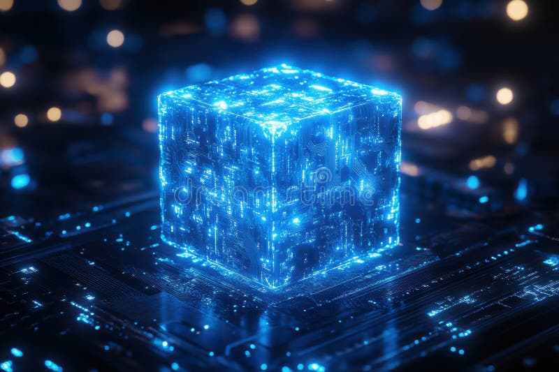 A Blue Cube with a Glowing Light on it Stock Image - Image of finance ...
