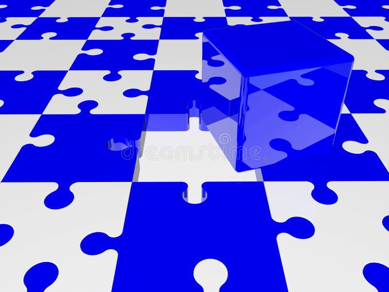 Blue Cube on Puzzle Pieces in Blue and White Colors Stock Image - Image ...