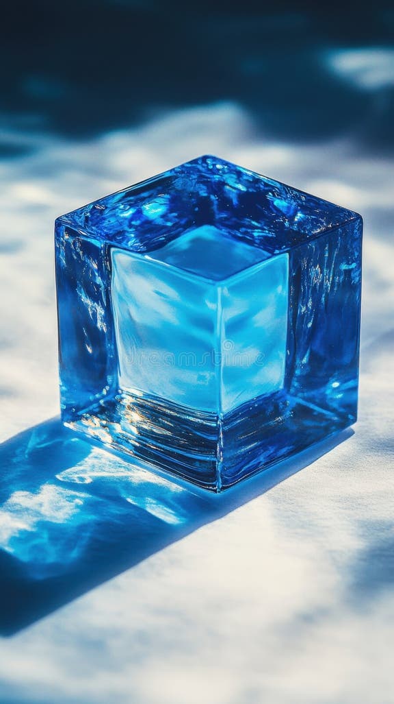 Blue cube on shiny surface stock photo. Image of object - 375942666