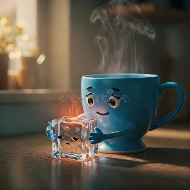 Blue Cup Comforts Sad Ice Cube, Cartoon Style. Stock Image - Image of ...
