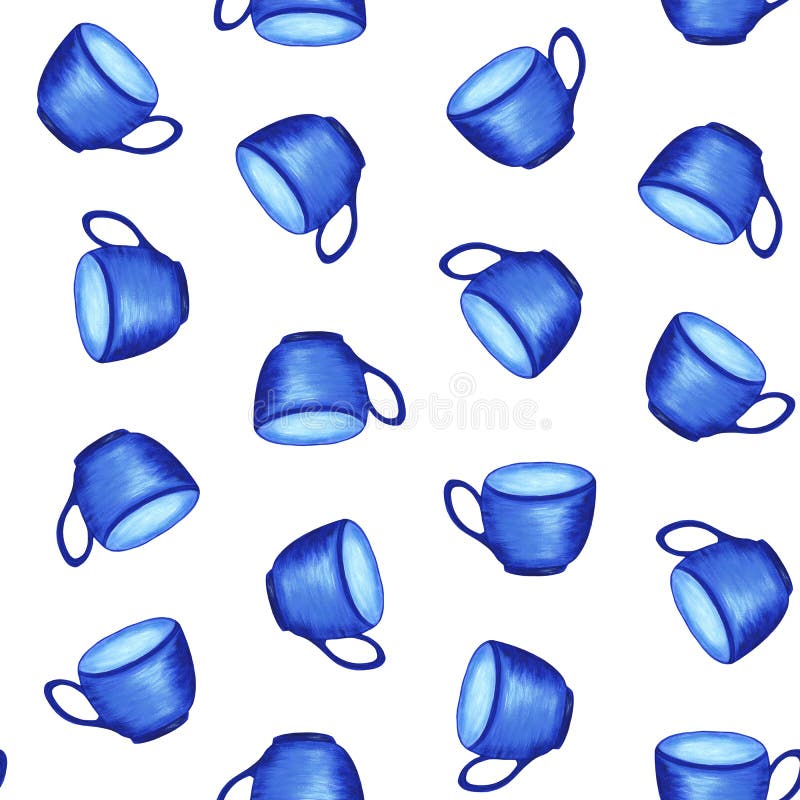 Blue Cups on a White Background. Seamless Pattern. Watercolor ...