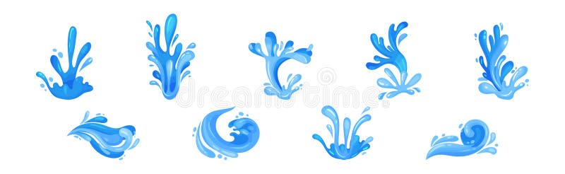 Blue Curved Water Splashes with Drops Big Vector Set Stock Illustration ...