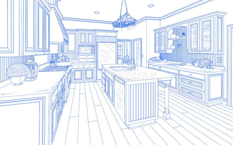 Blue Custom Kitchen Design Drawing on White Stock Illustration ...