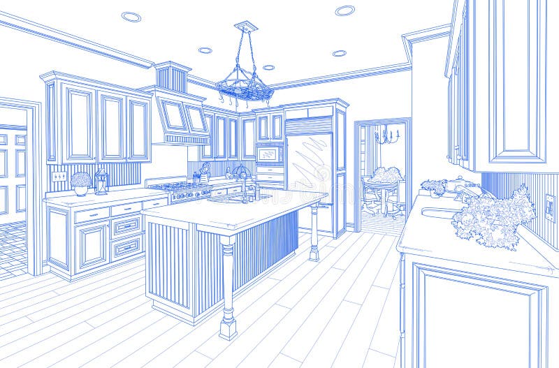 Blue Custom Kitchen Design Drawing on White Stock Illustration ...