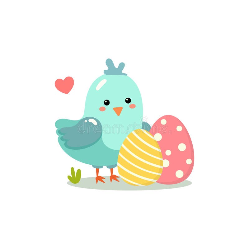 Blue Cute Baby Chicken with Easter Eggs. Happy Easter Concept Stock ...