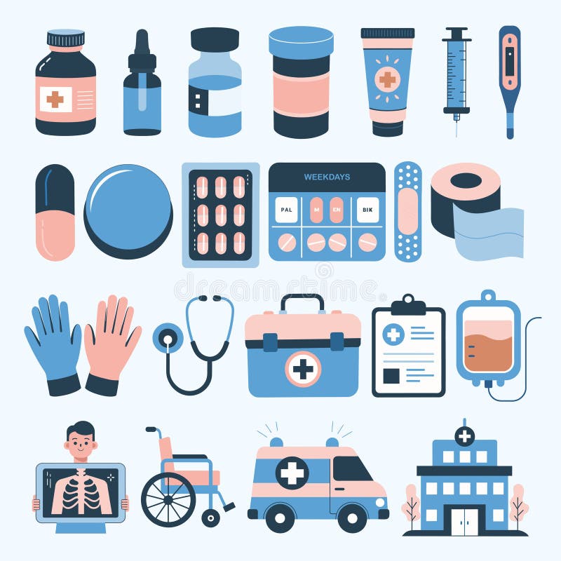Blue Cute Medical Equipment and Tools Illustration Vector Stock Vector ...