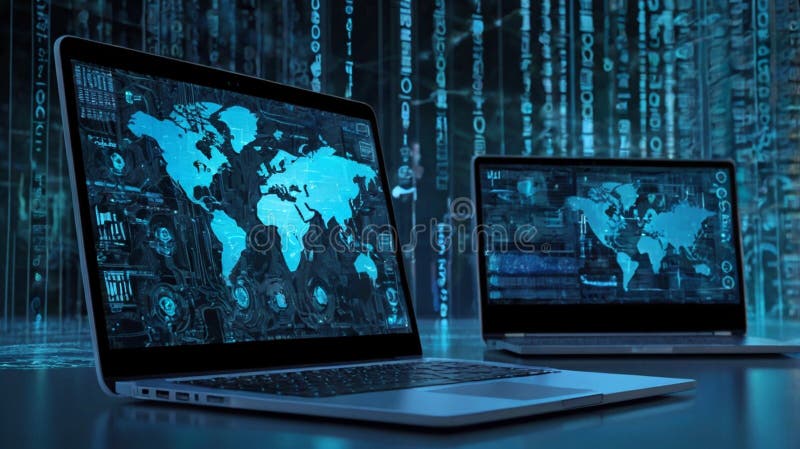 Blue Cyber World on Laptop Display, Innovation and Global Networking ...