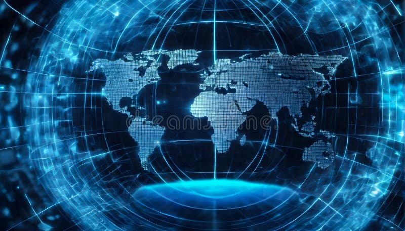 Blue Cyberspace Network with Rotating Globe World Map, Technology ...