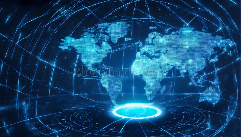 Blue Cyberspace Network with Rotating Globe World Map, Technology ...