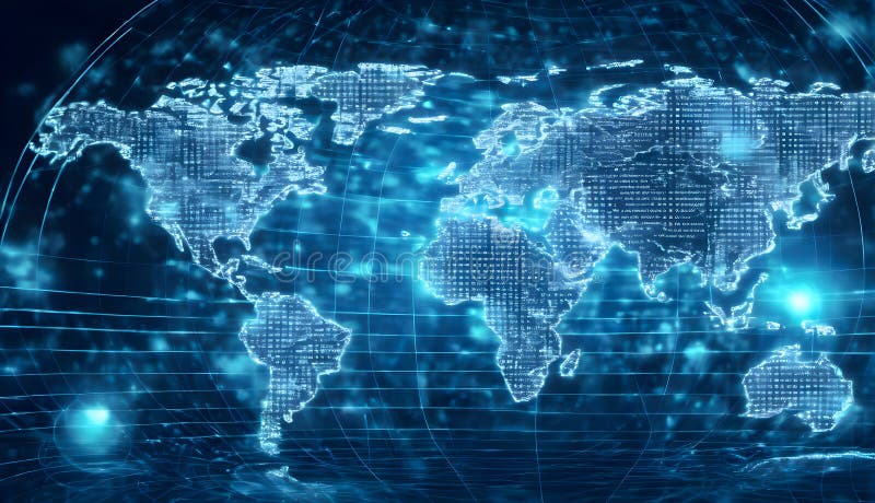 Blue Cyberspace Network with Rotating Globe World Map, Technology ...