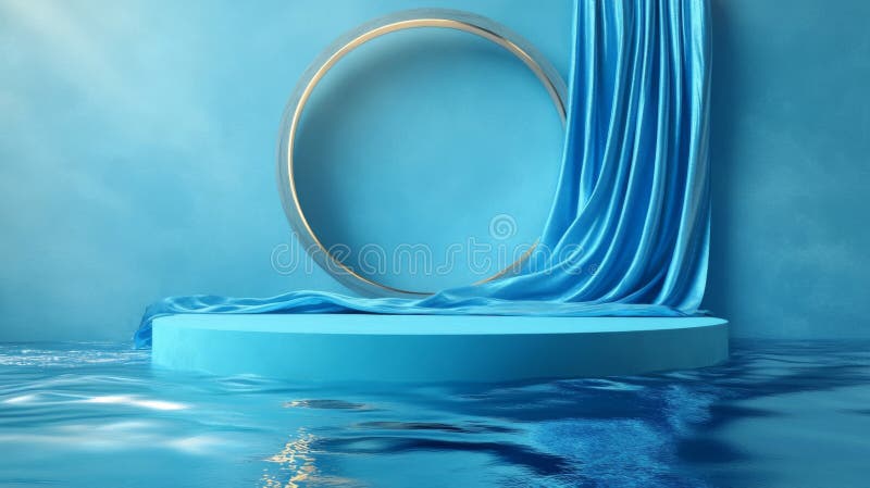 Blue Cylindrical Platform with Draped Fabric and Gold Ring Stock ...
