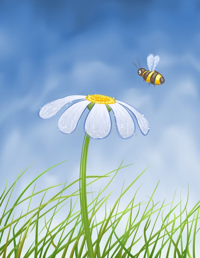 Blue daisy and a bee stock vector. Illustration of background - 10103480
