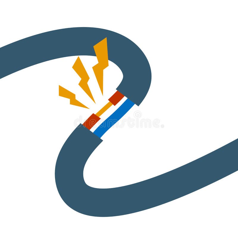 Blue Damaged Cable with Red Wire. Orange Lightning and the Spark Stock ...
