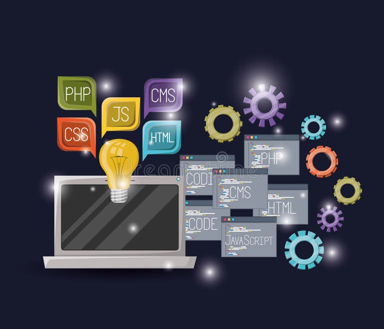 Blue Dark Background with Brightness of Laptop Device and Gears ...