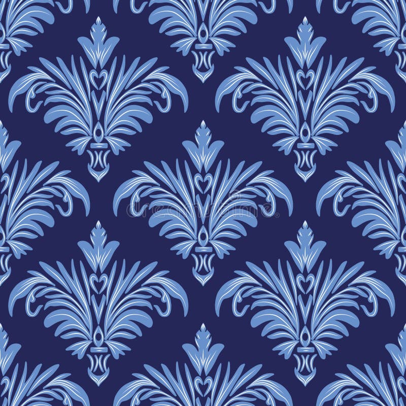 Blue and Dark Blue Damask Seamless Pattern with Floral and Leaf Stock ...