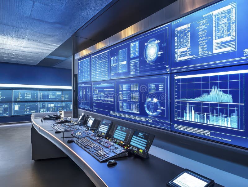 Modern Data Center Control Room Interior with Bright Blue Screens ...