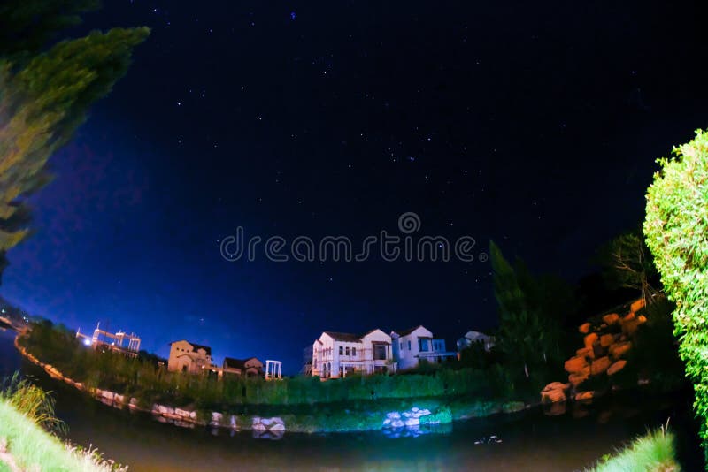 Blue Dark Night Sky with Many Stars Above House Stock Image - Image of ...