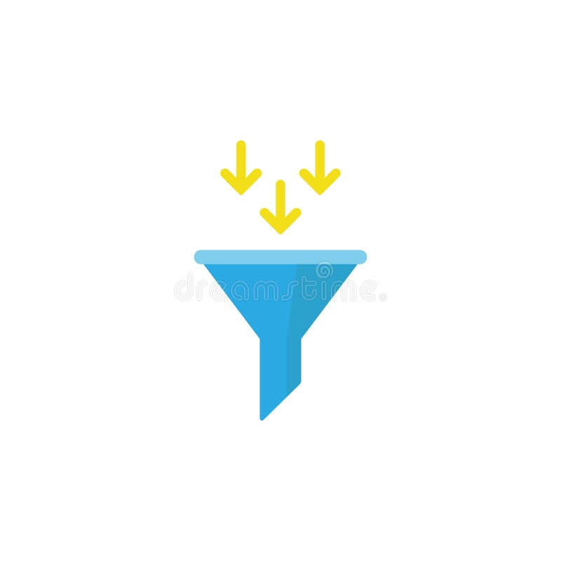 Blue Data Filter with Yellow Arrows. Flat Data Funnel Icon. Isolated on ...