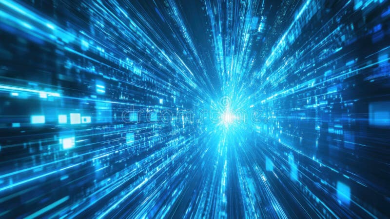 Blue Data Stream Flowing in Cyberspace with Light Trails and Numbers ...