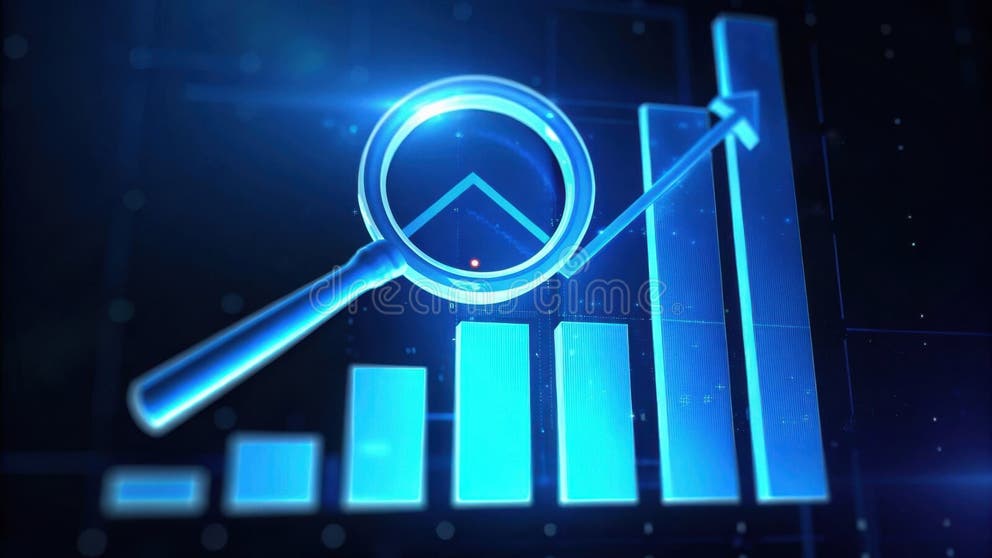 Blue Data Visualization with Magnifying Glass and Increasing Chart Bars ...