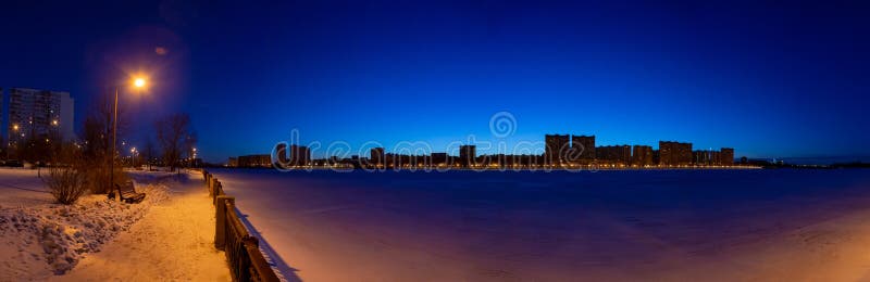 Blue before Dawn. Night Winter Panorama Stock Photo - Image of city ...