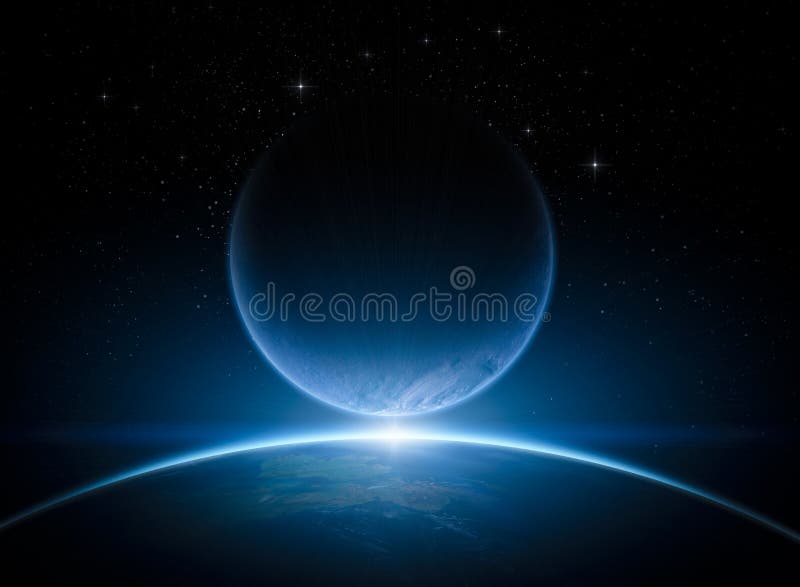 Blue Dawn Rising in Space with a Planet Above Stock Illustration ...