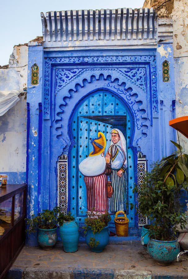 Blue Decorated Gates To Riyadh,Chefchaouen, Morocco Stock Image - Image ...