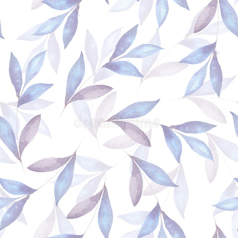 Blue Delicate Leaves and Branches Seamless Pattern on White. Watercolor ...