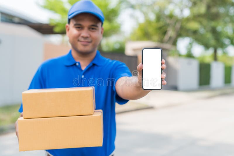 Blue Delivery Man Holding Parcel Cardboard Box Stock Image - Image of ...