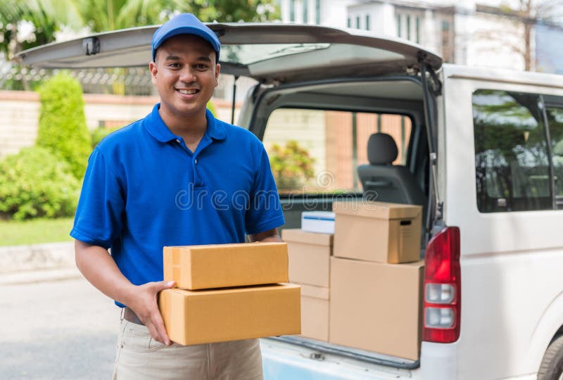 Blue Delivery Man Holding Parcel Cardboard Box Stock Image - Image of ...