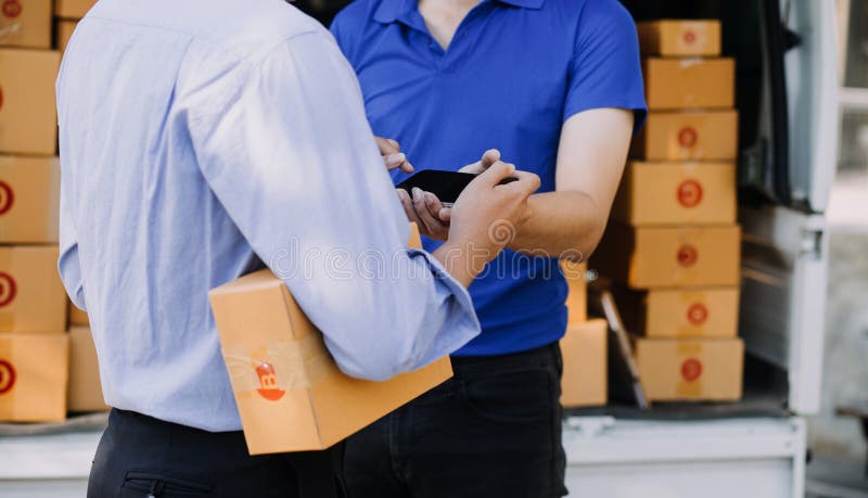 Blue Delivery Men Unloading Package from Truck with Face Mask Stock ...