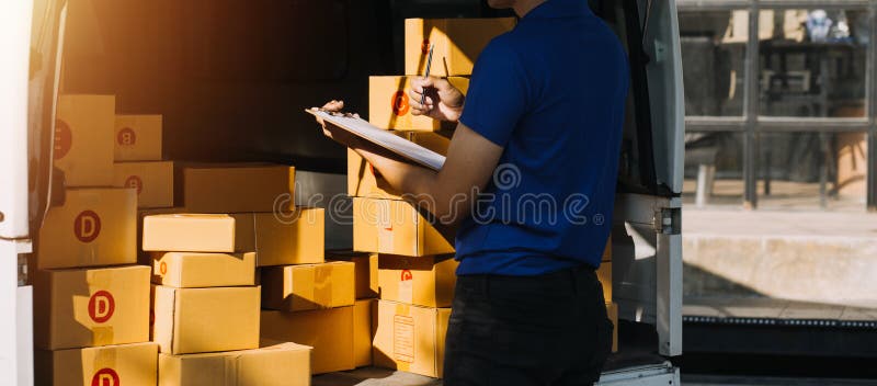Blue Delivery Men Unloading Package from Truck with Face Mask Stock ...
