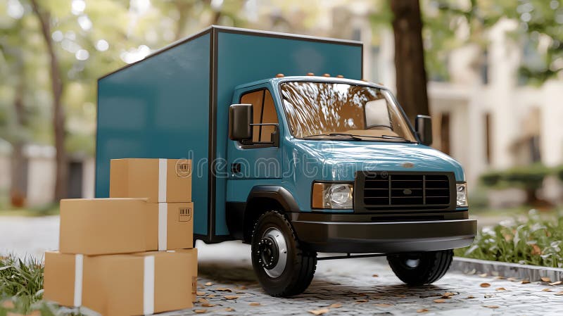 Blue Delivery Truck with Cardboard Boxes Outside Stock Illustration ...