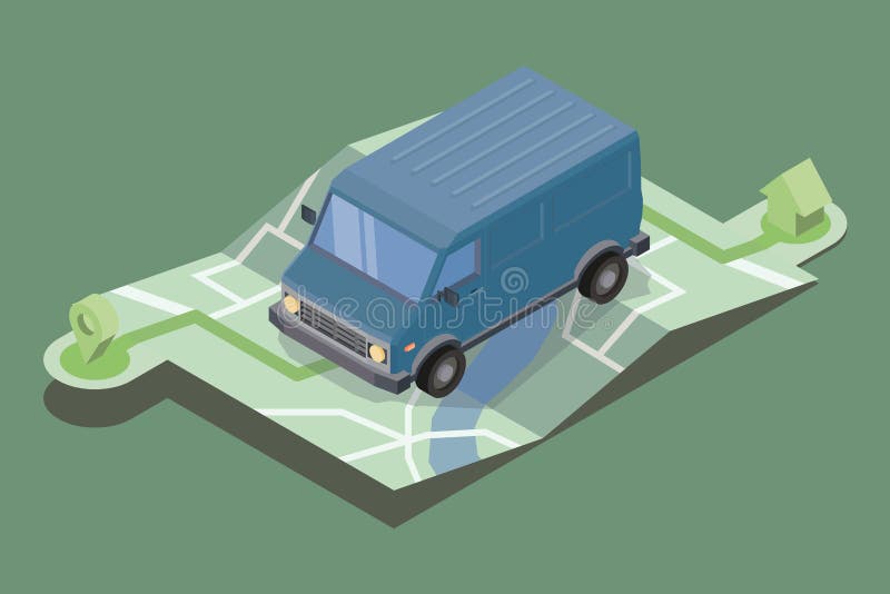 Isometric Delivery Van on Paper Map Stock Vector - Illustration of ...