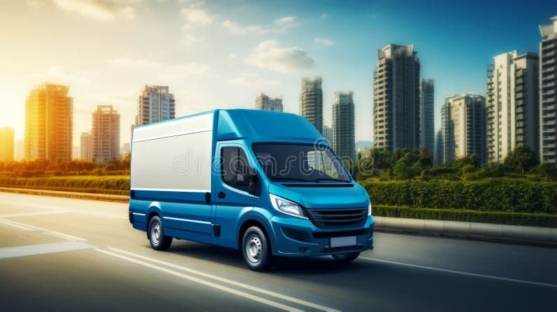 Blue Delivery Van on Highway. Very Fast Driving Stock Illustration ...