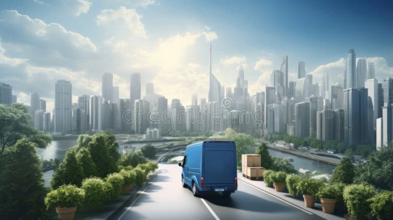 Blue Delivery Van on Highway. Very Fast Driving Stock Illustration ...